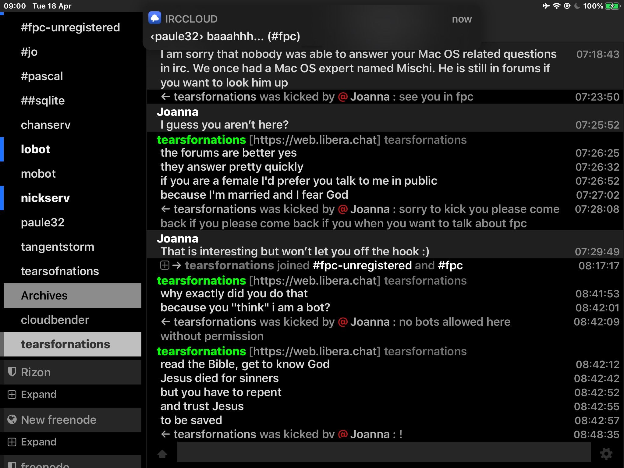 The IRC channel (or at least its moderator) is broken.